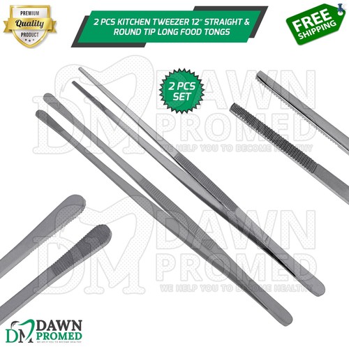 2 Pcs Kitchen Tweezer 12″ Straight & Round Tip Set Long Food Tongs Chef ...