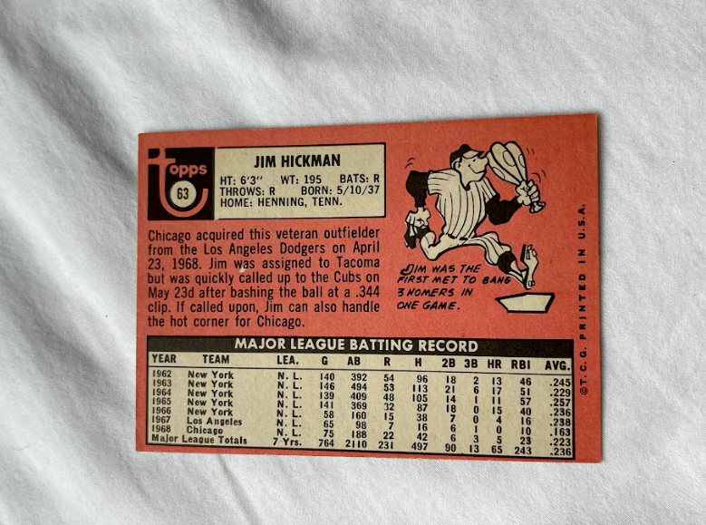 DCC: 1969 Topps Jim Hickman Chicago Cubs #63 NM (OC) | eBay