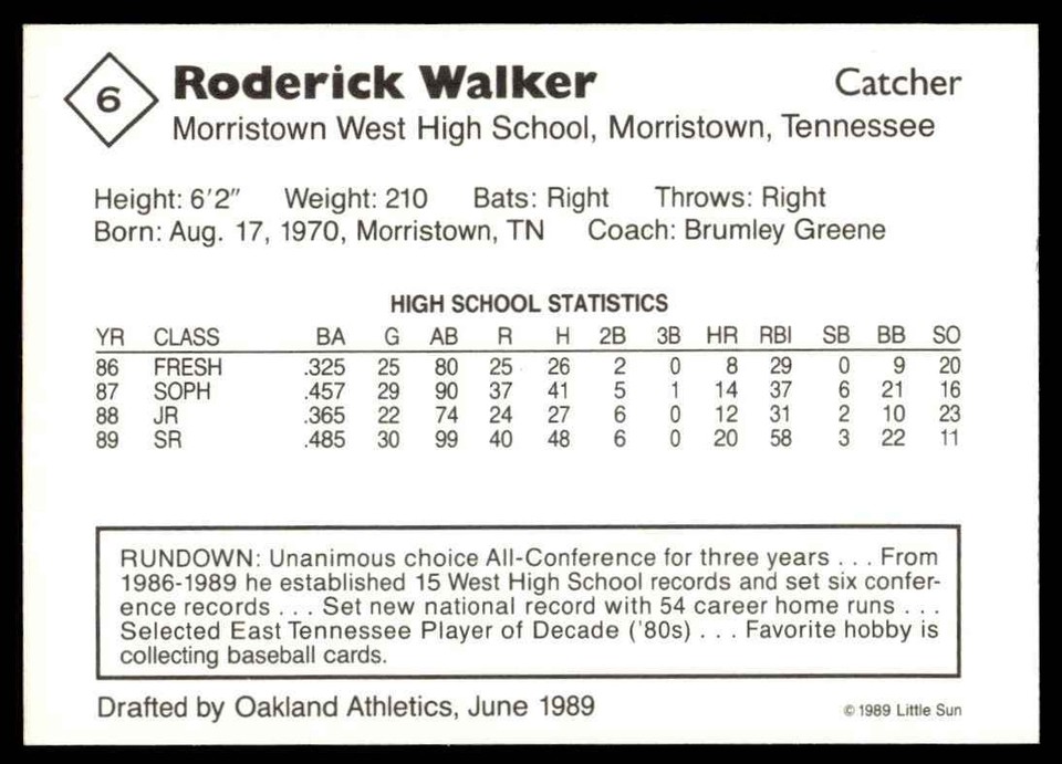 1989 Little Sun High School Prospects Roderick Walker Oakland Athletics ...