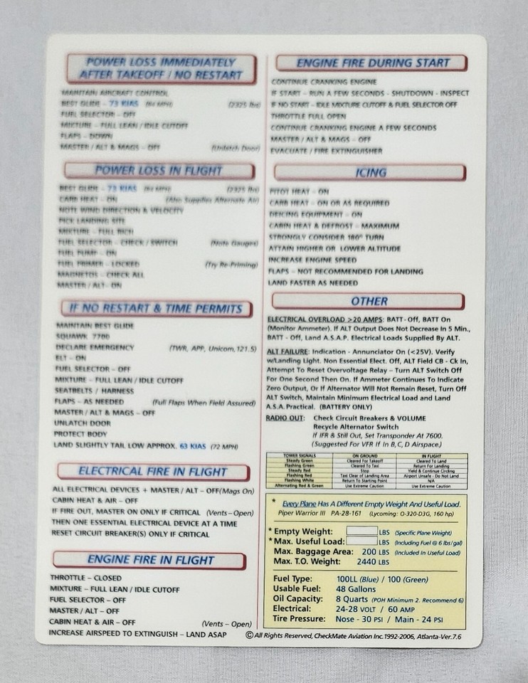 Checkmate Pilot Flight Checklist, Piper Warrior III | eBay