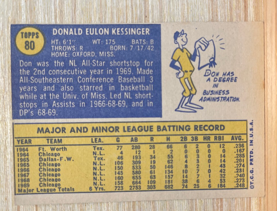 Don Kessinger #80 signed 1970 Topps Baseball Trading Card Chicago Cubs ...