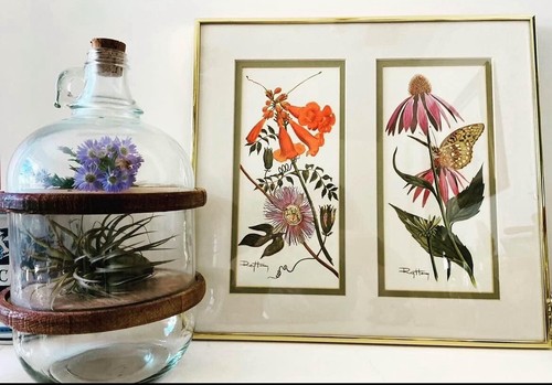 Ray Harm Print 1967 Framed Matted Signed Floral Butterfly Cottagecore ...
