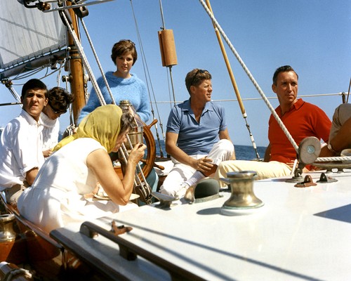 PRESIDENT JOHN F. KENNEDY AND OTHERS ABOARD THE "MANITOU" - 8X10 PHOTO ...