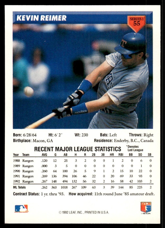 1993 Donruss Baseball Card Kevin Reimer Texas Rangers #55 | eBay