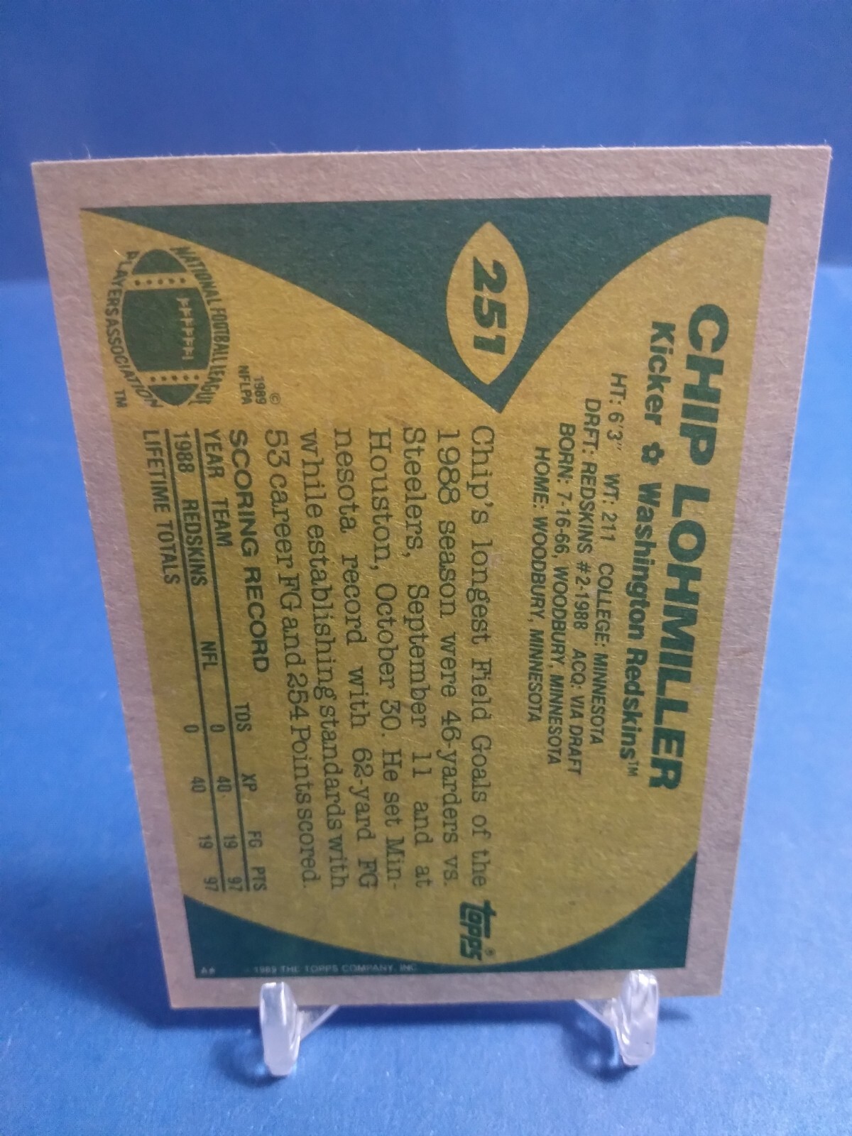 1989 Topps Football Chip Lohmiller Washington Redskins #251 | eBay