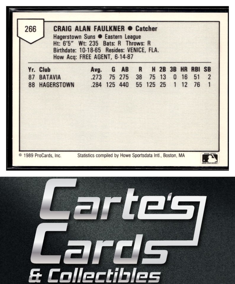 Craig Faulkner 1989 ProCards Minor League Team Sets #266 Hagerstown ...