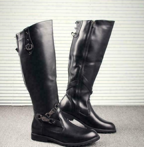 Mens Punk Faux Leather Buckles Side Zip Knee High Boots Riding Casual ...