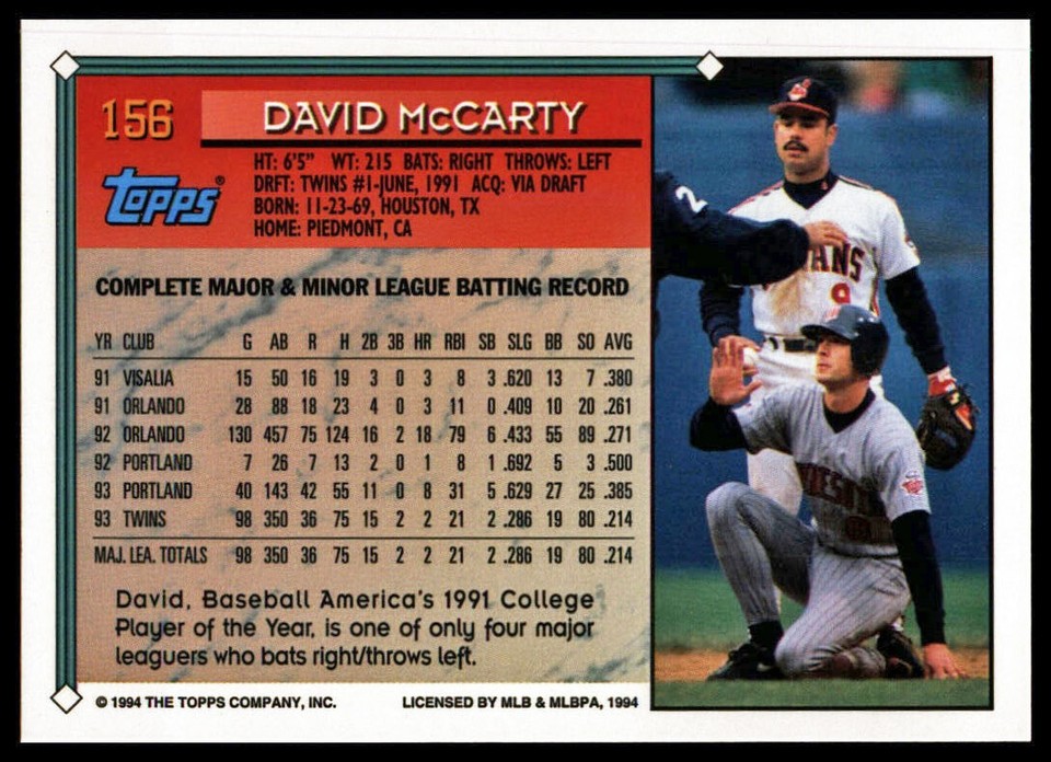 1994 Topps #156 David McCarty VAR [No Print Code] Minnesota Twins NM-MT ...