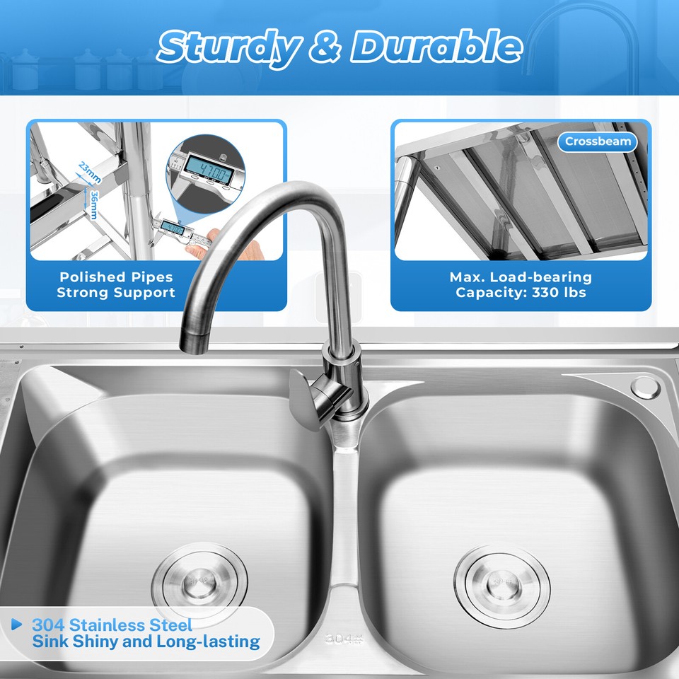 Free Standing Stainless-Steel Double Bowl Kitchen Utility Sink Set w ...