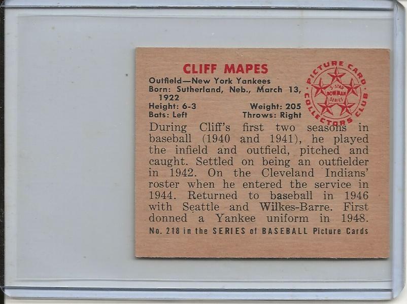 1950 Bowman Baseball Card Cliff Mapes O/F New York Yankees NEAR MINT HI ...