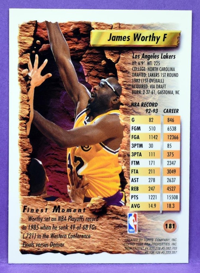 James Worthy Los Angeles Lakers 1993-94 Topps Finest Basketball Card ...