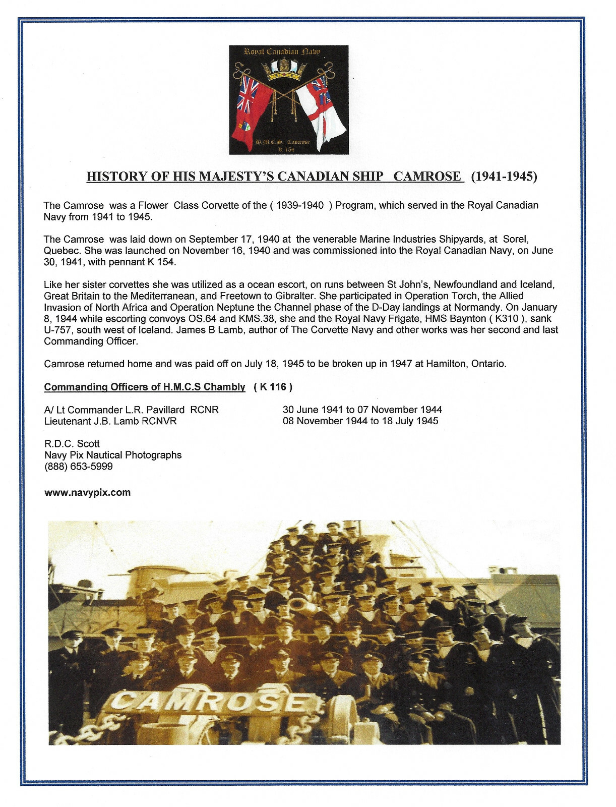 ROYAL CANADIAN NAVY CORVETTE HMCS CAMROSE K154 PHOTO WITH STATS ...