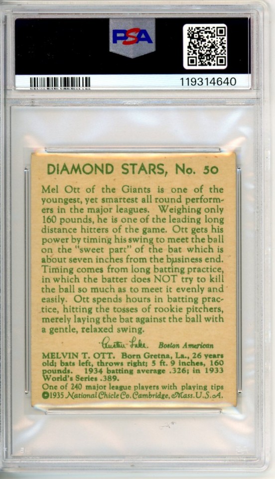 1935 Diamond Stars MEL OTT #50 PSA Grade 5 EX-Cond "SHARP Looks Better ...