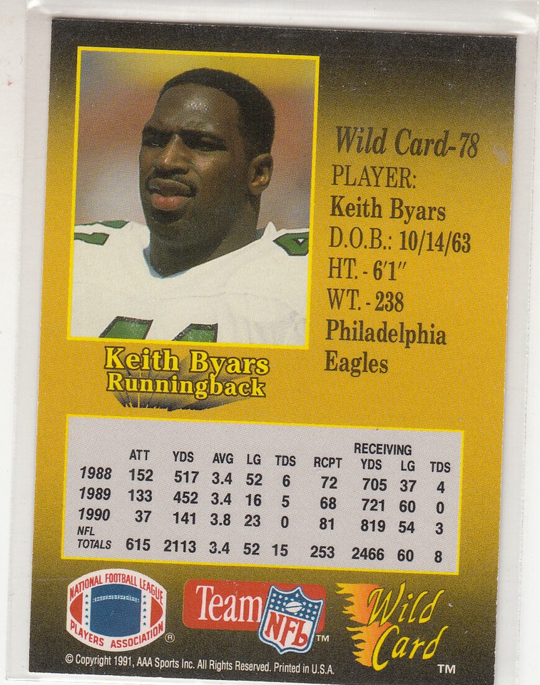 KEITH BYARS 1991 Wild Card NFL #78 Parallel 5 Stripe Philadelphia ...