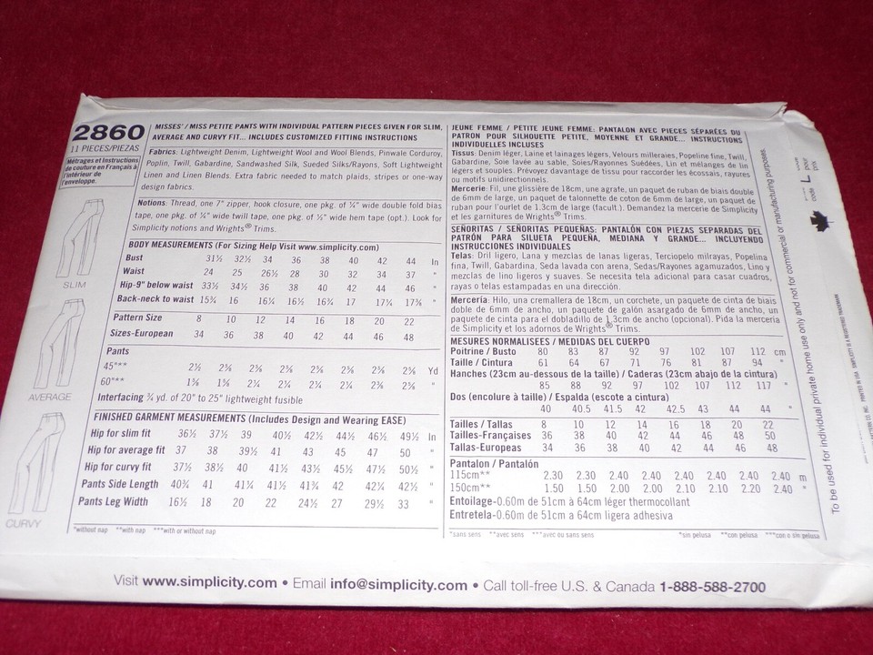 🌺 SIMPLICITY #2860-LADIES AMAZING FIT SLIM-AVERAGE & CURVY PANTS ...