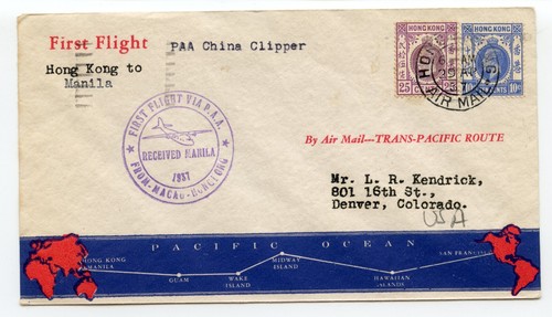 HONG KONG-MANILA- USA, KGV Air-Mail STAMPS Cover FIRST FLIGHT CHINA ...