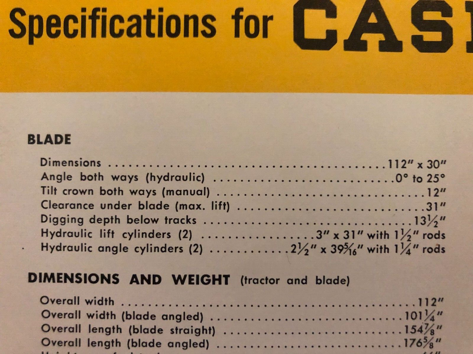 VINTAGE CASE MODEL 750 INDUSTRIAL ANGLING DOZER SPECIFICATION SHEET ...