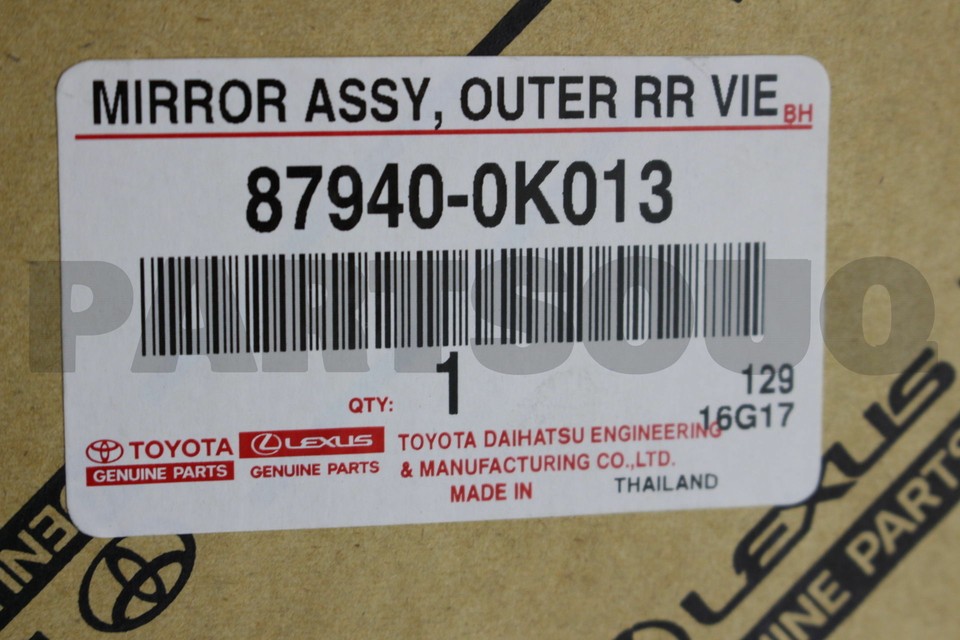 879400K013 Genuine Toyota MIRROR ASSY, OUTER REAR VIEW, LH 87940-0K013 ...