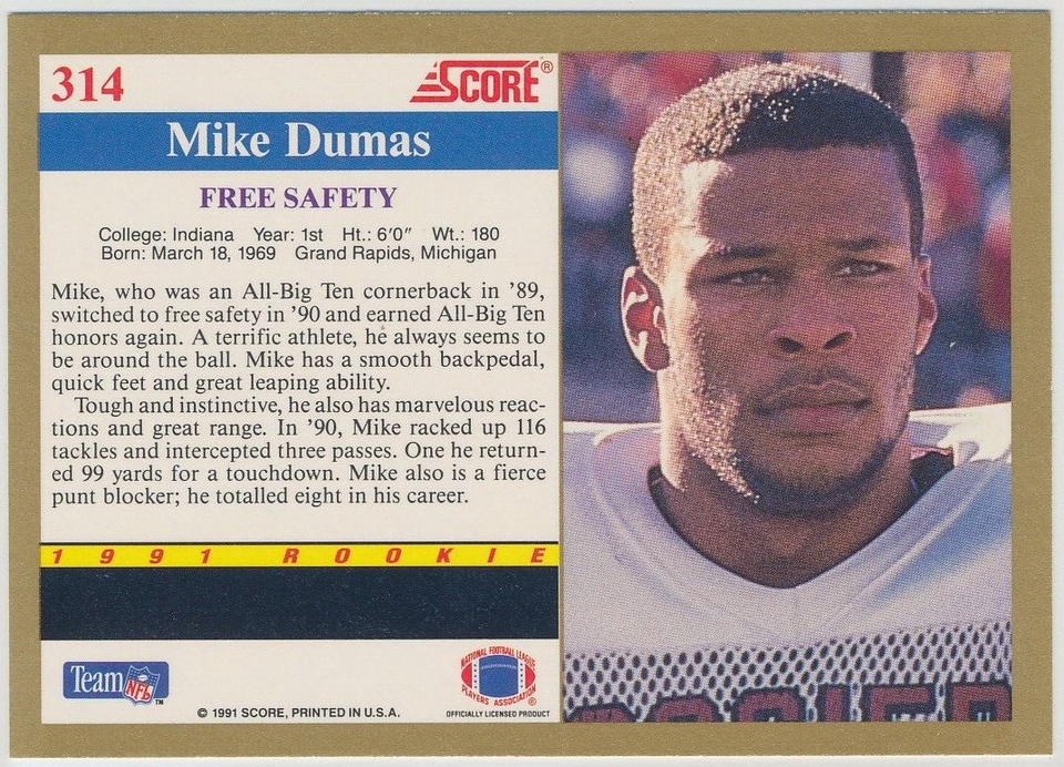 Mike Dumas - Indiana Hoosiers - 1991 Score Football - Rookie - #314 | eBay