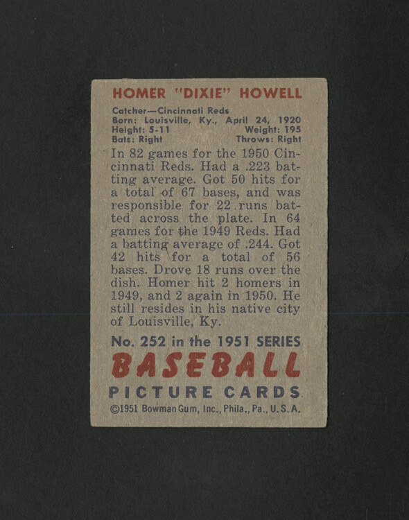 1951 BOWMAN 252 HOMER DIXIE HOWELL AUTOGRAPHED HQ SIGNED CINCINNATI ...