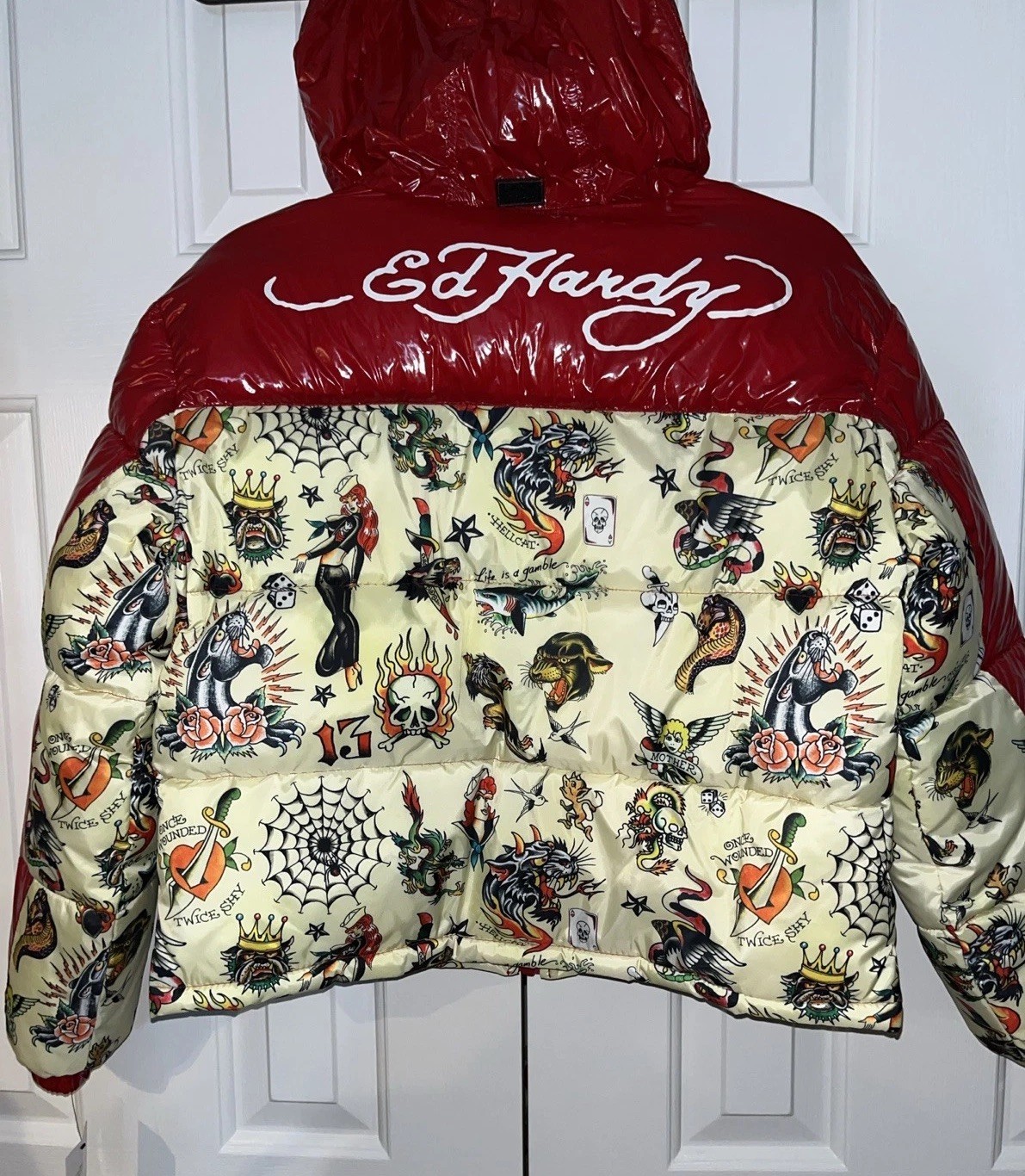 Ed Hardy “Ladies Vintage Puffer Pattern” Jacket Red M… - Gem