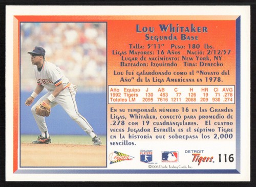 1993 Pacific Spanish Lou Whitaker Baseball Card #116 - Detroit Tigers ...