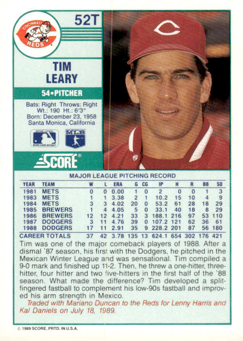 1989 Score Rookie & Traded #52T Tim Leary Cincinnati Reds | eBay