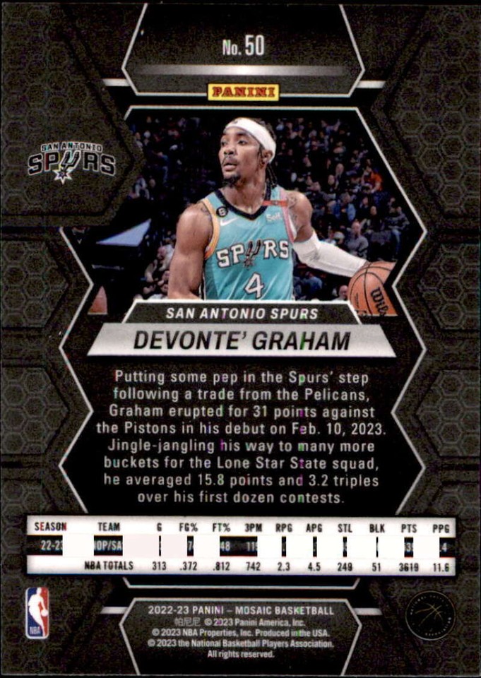 2022-23 Panini Mosaic #50 Devonte' Graham San Antonio Spurs | eBay