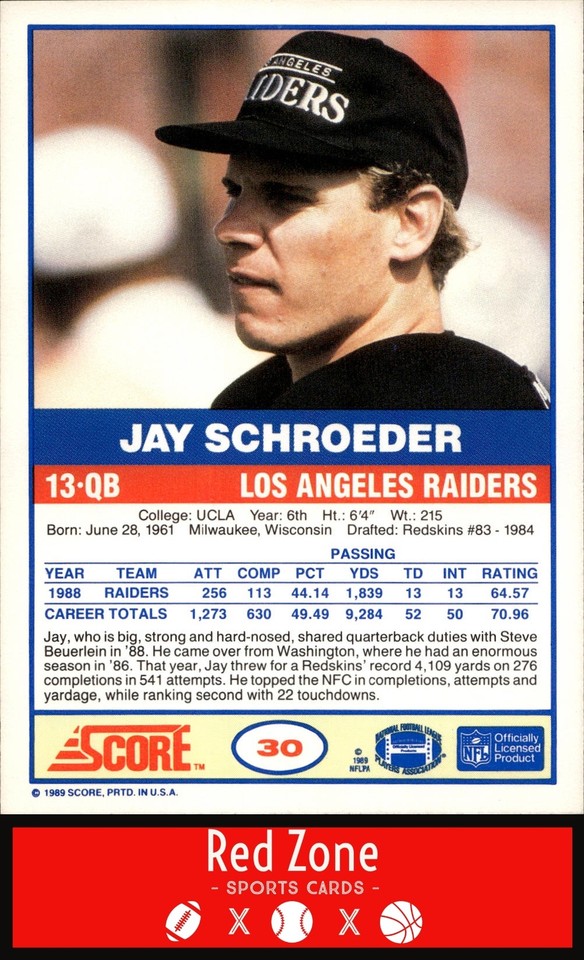 1989 Score - #30 Jay Schroeder NM/NM+ | eBay
