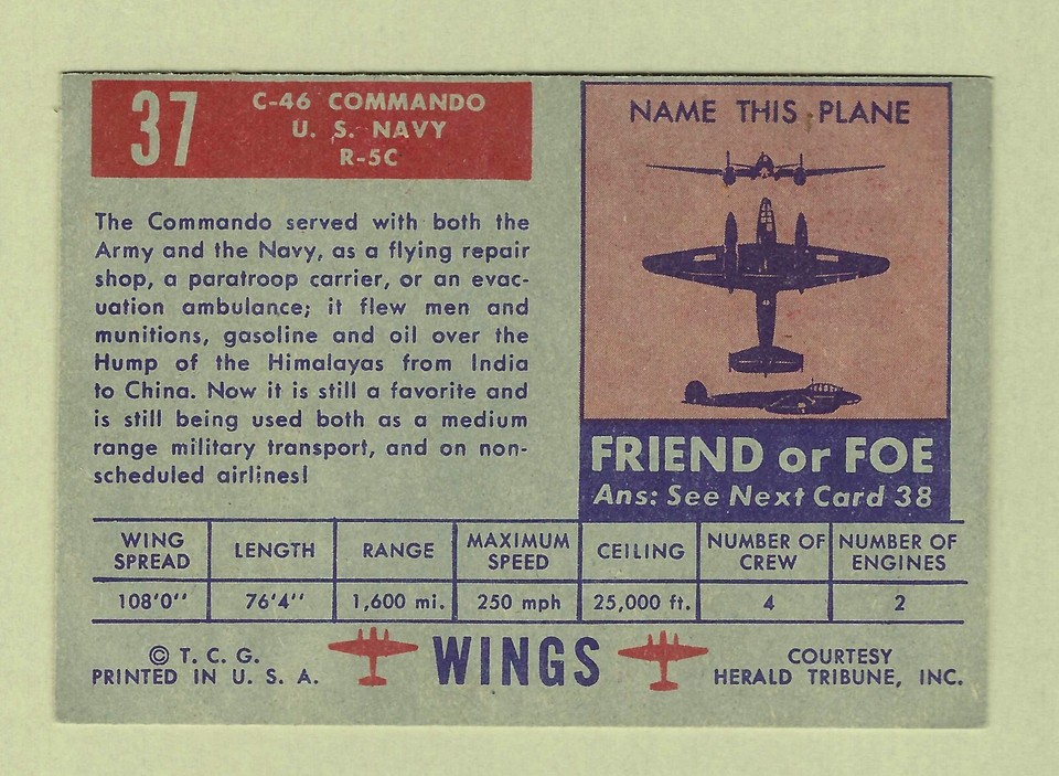 1952 TOPPS WINGS FRIEND OR FOE #37 C-46 COMMANDO EXNM | eBay
