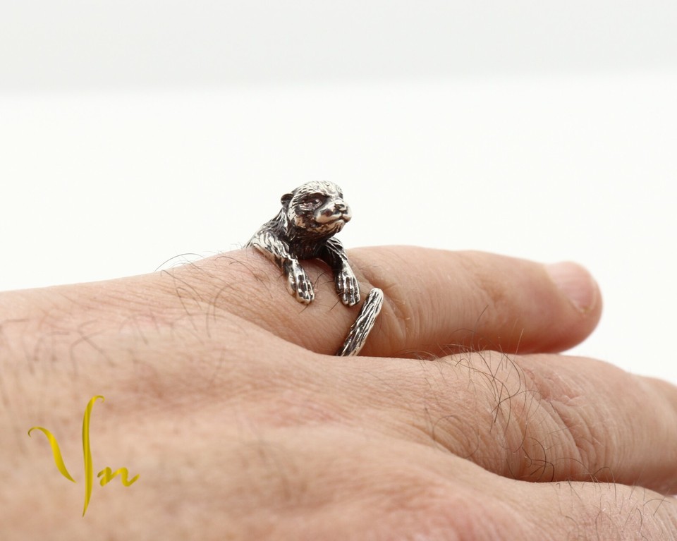 Silver Adjustable Otter Ring, Sea Otter Jewelry, Handmade Otter Animal ...