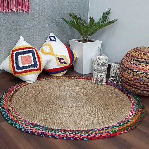 Bohemian Area Rug Hand Made Braided Jute Cotton Carpet Multi Color ...