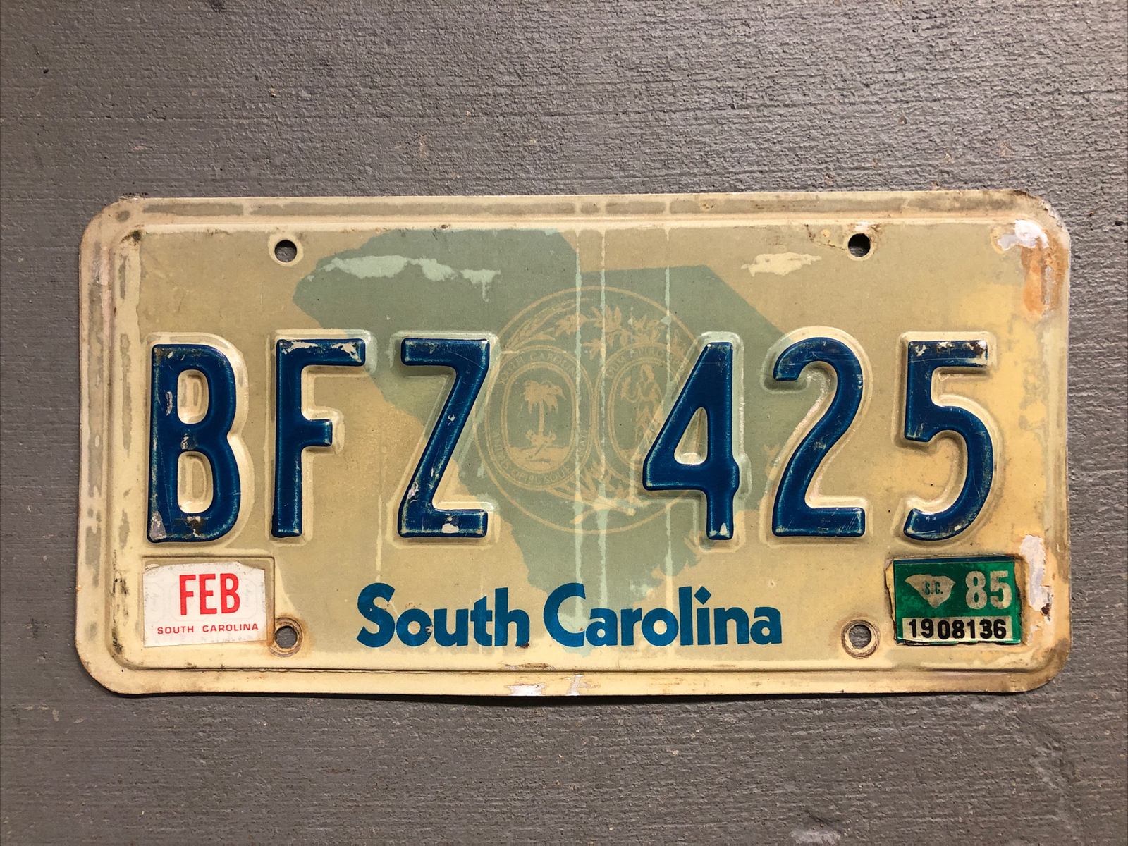 VINTAGE SOUTH CAROLINA LICENSE PLATE BLUE/WHITE STATE SEAL BFZ-425 FEB ...