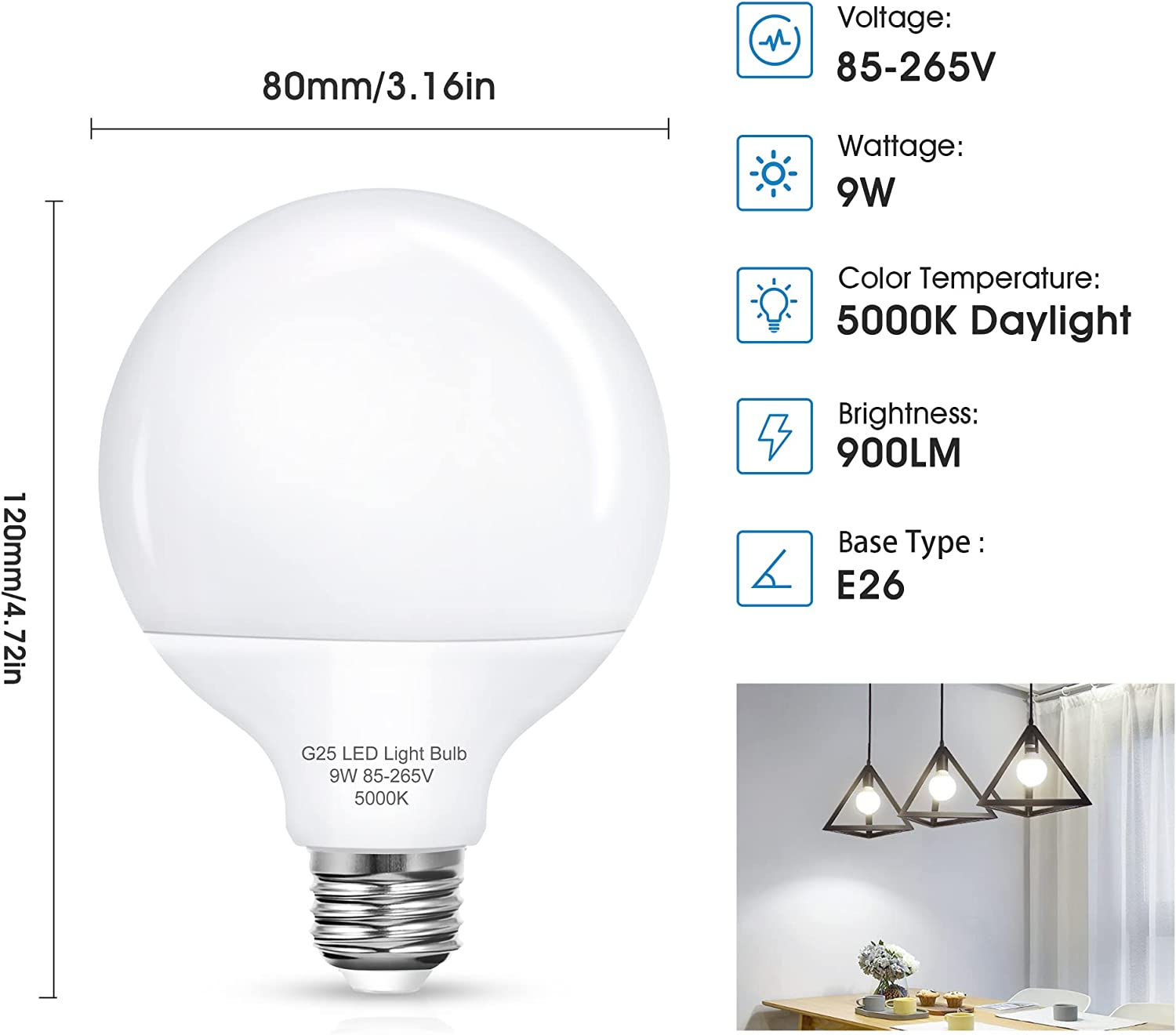 G25 LED Vanity Light Bulbs, 100W LED Globe Bulb Equivalent, 9W LED ...