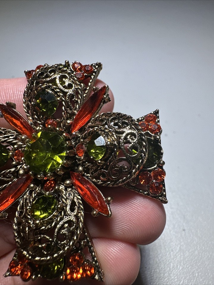 Vintage EMMONS Maltese CROSS Filigree Rhinestone Goldtone Brooch Pin ...