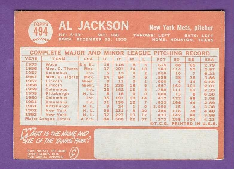 1964 Topps - #494 Al Jackson - New York Mets - VgEx+ ST (hs) | eBay