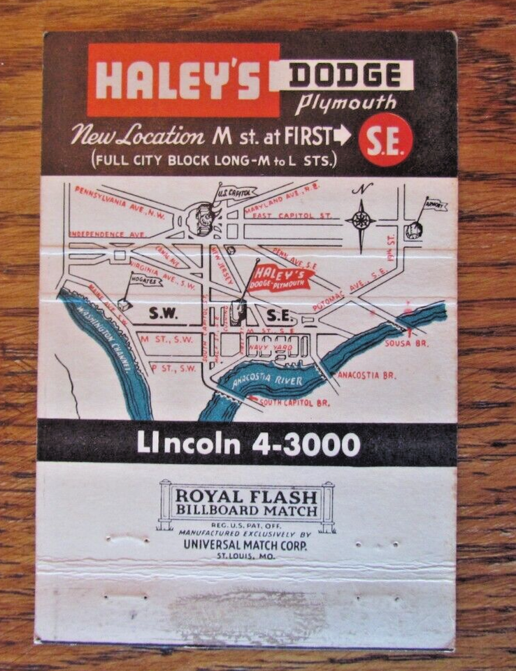 HALEY'S DODGE PLYMOUTH CAR DEALER MATCHBOOK COVER: WASHINGTON, DC ...