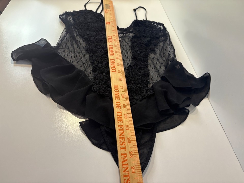 Flora Nikrooz Sheer Black Floral Lace Bodysuit Med Ruffle Adj Straps ...