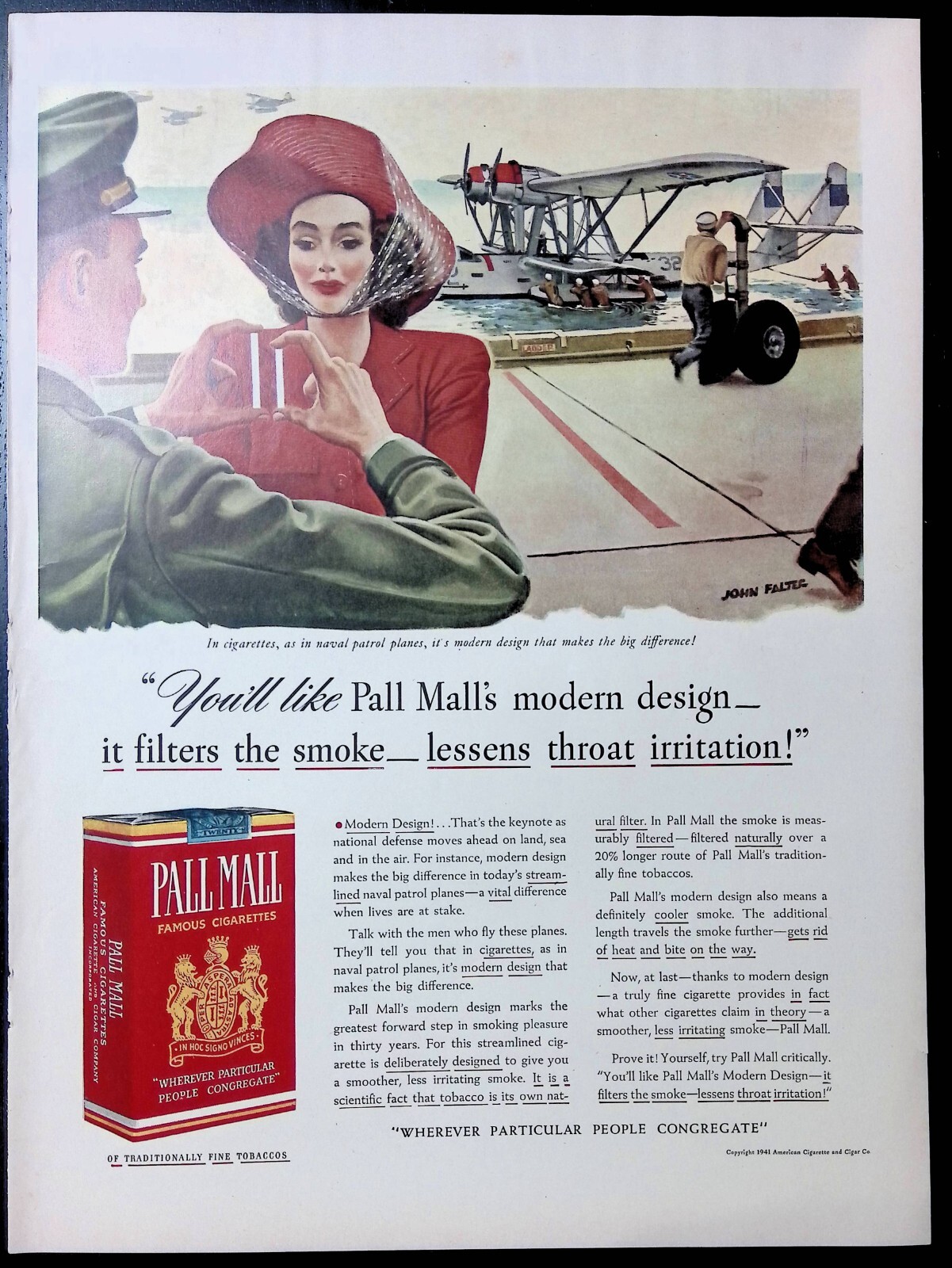 Print Ad 1940's Pall Mall Cigarettes John Falter Illustration Seaplane ...