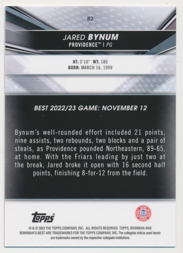 #82 JARED BYNUM 2022-23 Bowman University Best RC PROVIDENCE | eBay