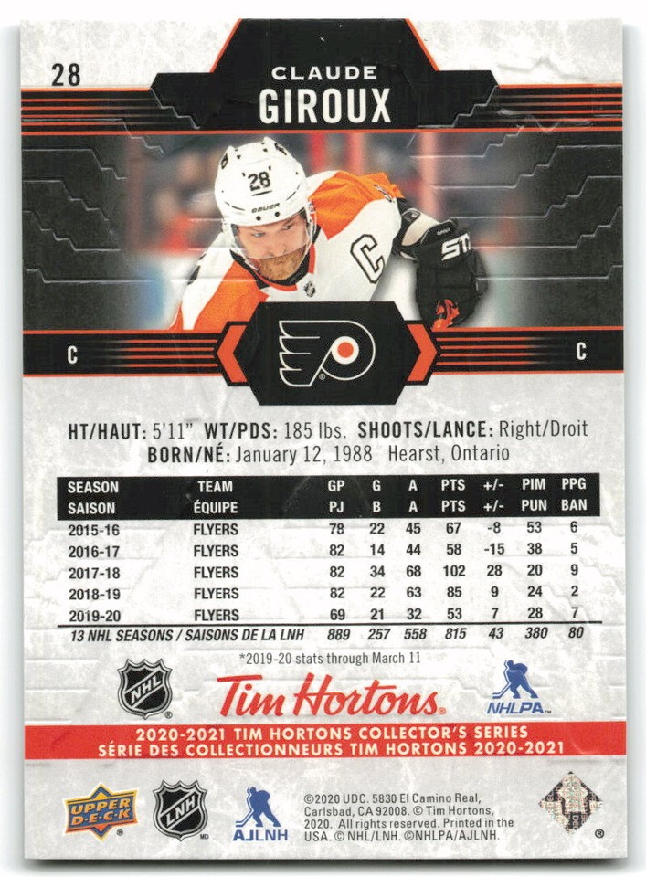 2020 Upper Deck Tim Hortons #28 Claude Giroux Philadelphia Flyers 1AY ...
