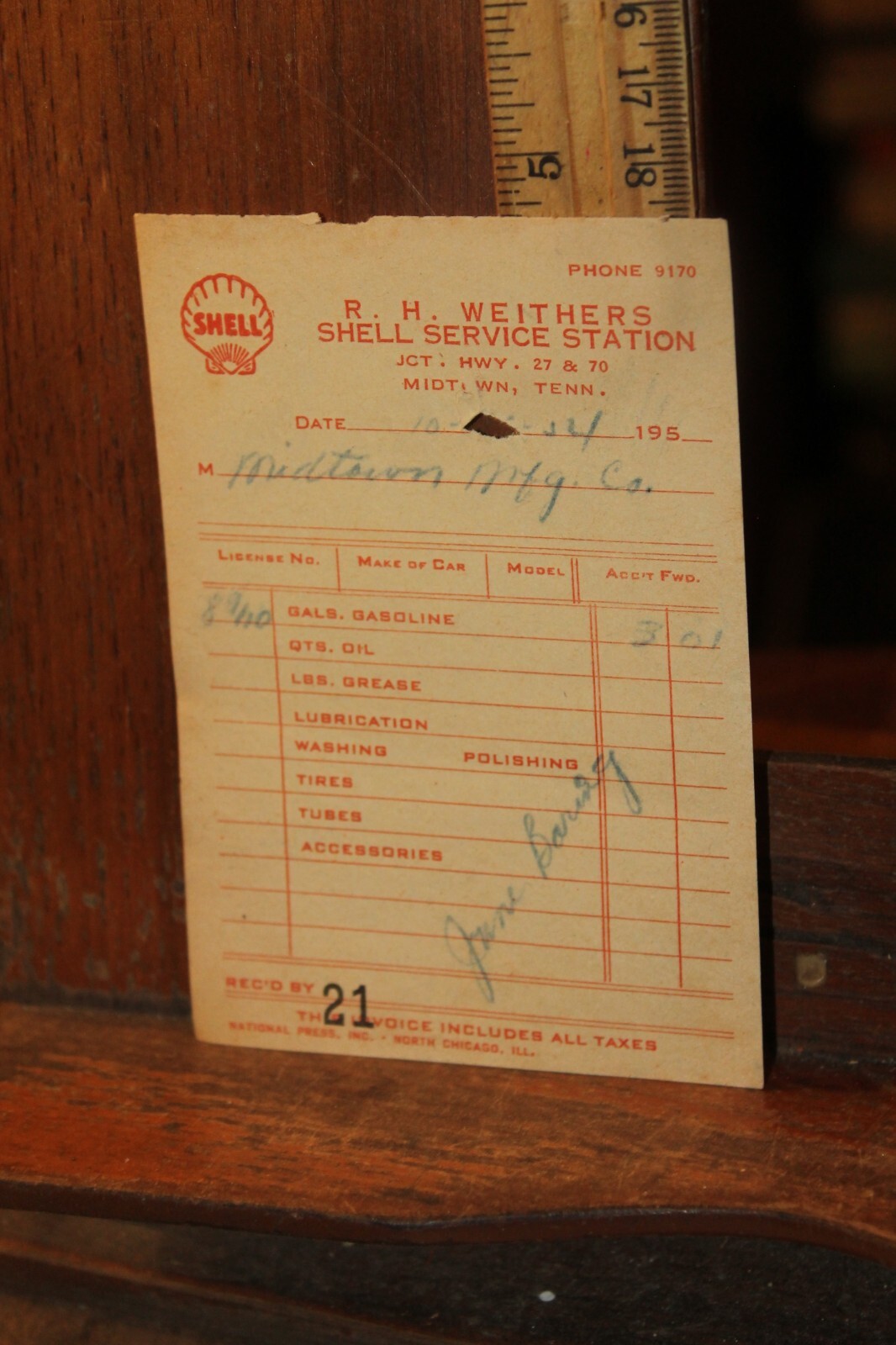 Vintage 1954 Receipt Weithers' Shell Station Midtown Tennessee | eBay