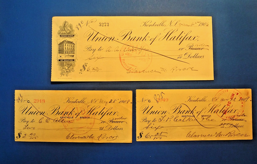 Canada; 3 Canadian Union Bank of Halifax & Nova Scotia Cheques. 1906 ...