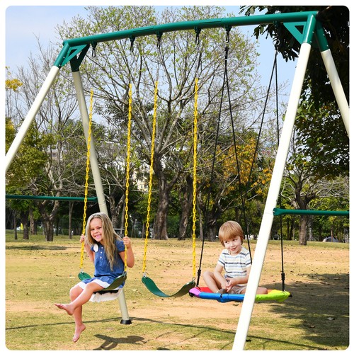 700lbs 9.5ft Heavy Duty Big Metal Swing Set Kids Adults Backyard with 3 ...