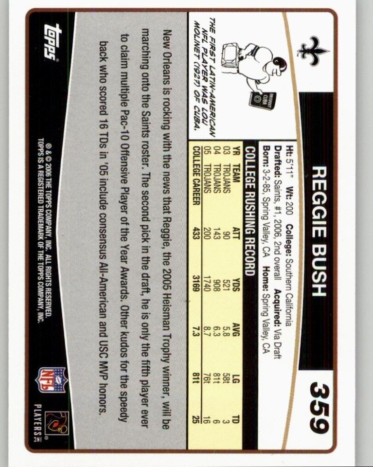 2006 Topps Reggie Bush Rookie #359 RC New Orleans Saints | eBay