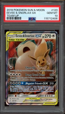 Pokemon PSA 10 Eevee & Snorlax GX 120/181 Sun & Moon Team Up Ultra Rare ...