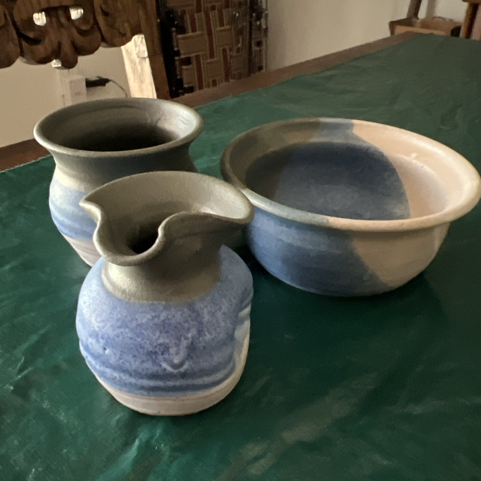 PEI POTTERY set of 3 pottery mini creamer, sugar & 3” bowl blue, grays ...