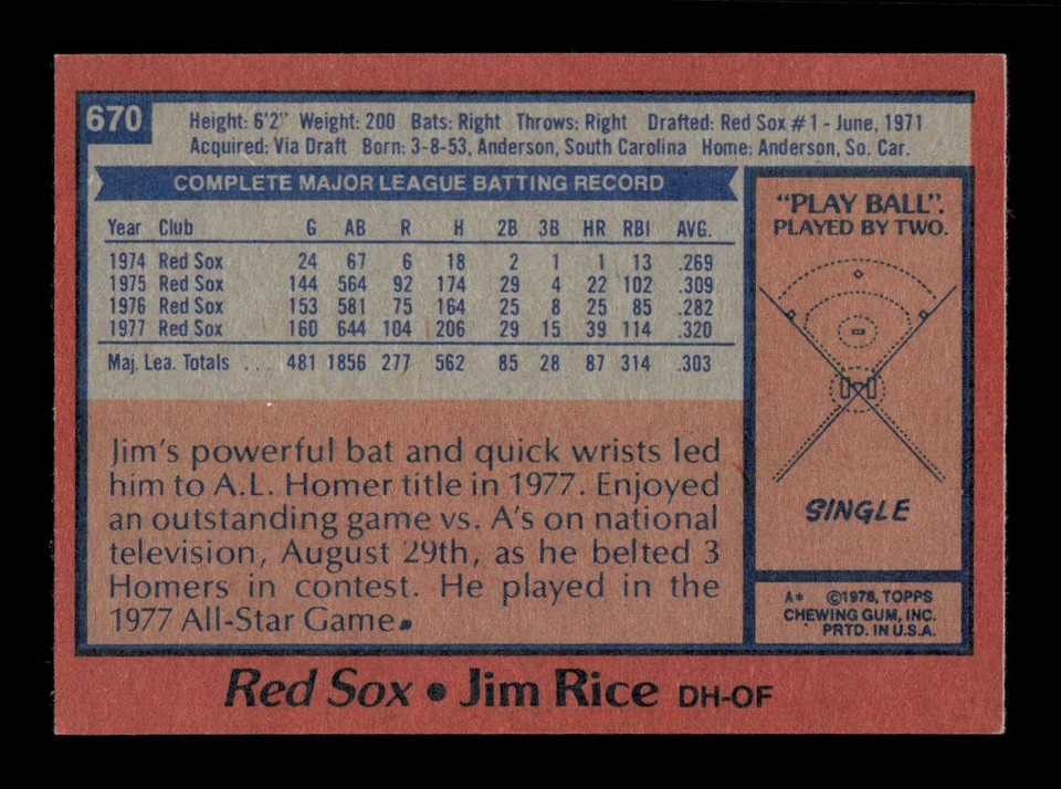 1978 Topps #670 Jim Rice EX-NM | eBay