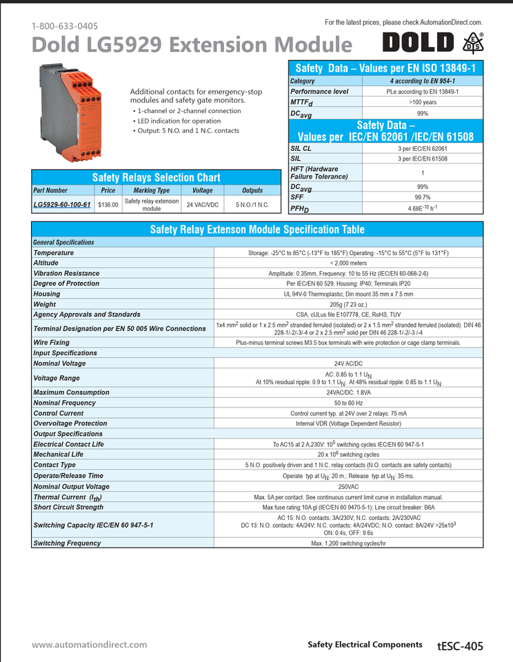 DOLD LG5925-48-61-24 24VDC SafeMaster, Emergency Stop Module, Safety ...