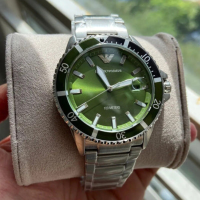 EMPORIO ARMANI MENS WATCH DIVER AR11338 STAINLESS STEEL SILVER & GREEN ...